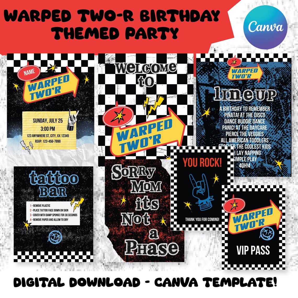Warped 'two-r' 2 Tour Party Decor, Canva Template, Two Year Old Birthday, Emo, Punk Rock, Rock ...