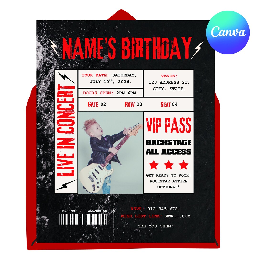 Rockstar Birthday Invitation: VIP Concert Ticket, Editable Canva ...