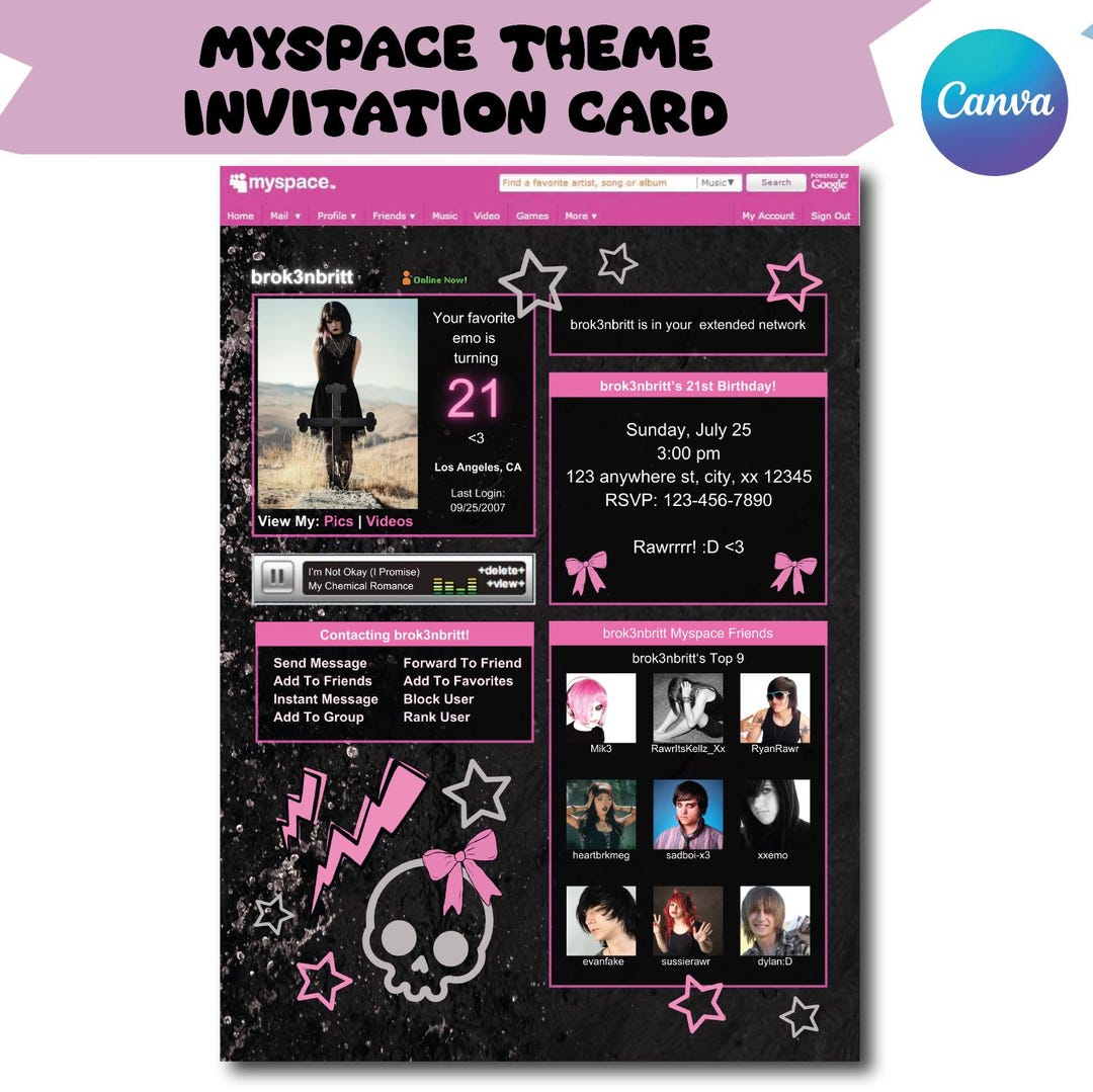Pink Goth Emo Punk Myspace Profile Invitation | 2000s Y2K Party ...