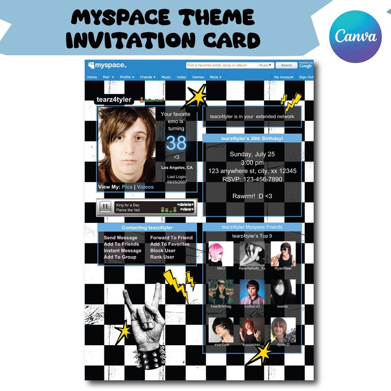 Blue Skater Boy Punk Myspace Invitation | Y2K Myspace Emo Party Profile ...