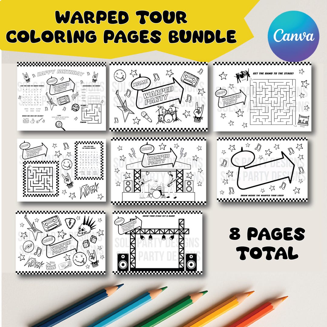 Warped Tour Coloring Pages Bundle: Punk Rock Birthday Party (digital ...