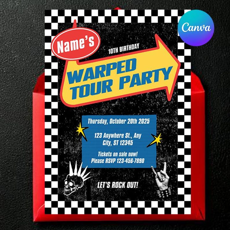 Birthday Card Invitation Warped Tour Party, Canva Template, Emo ...