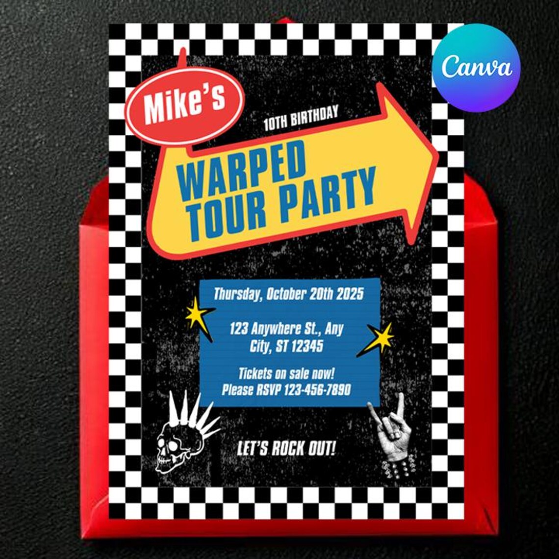 Birthday Card Invitation Warped Tour Party, Canva Template, Emo ...