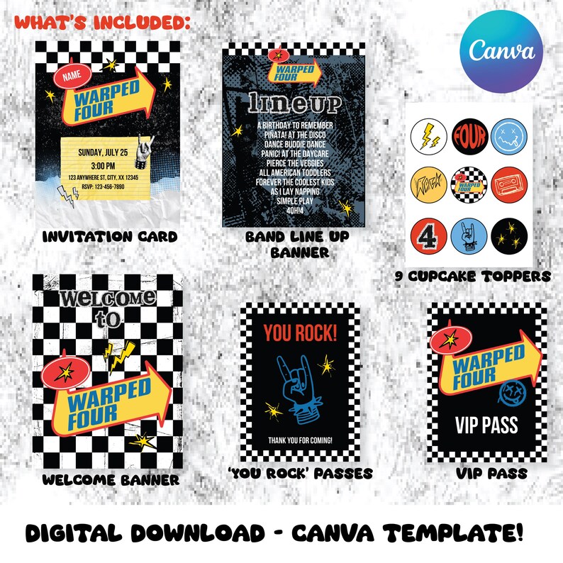 Warped Four Birthday Party Decor: Punk Rock Canva Template (digital ...