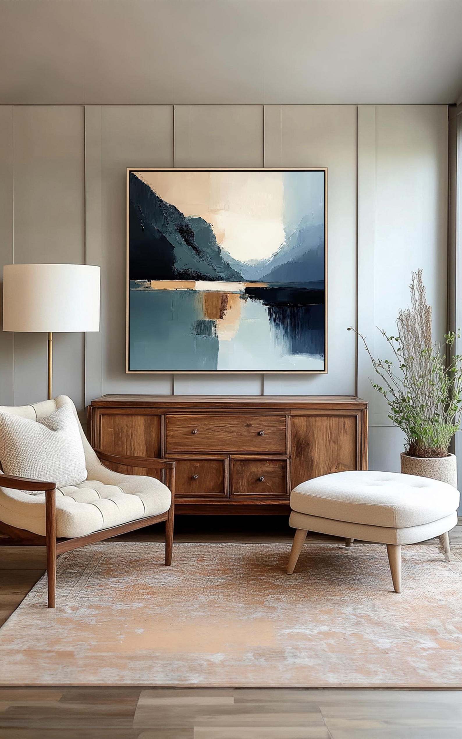 Abstract Mountain Lake Painting – Modern Blue Landscape Canvas Print ...