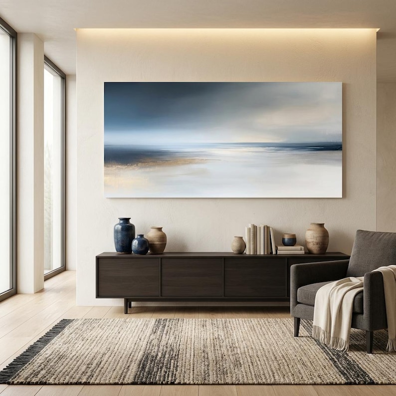 Oversized Horizontal Abstract Wall Art Canvas Navy Blue Grey Landscape ...