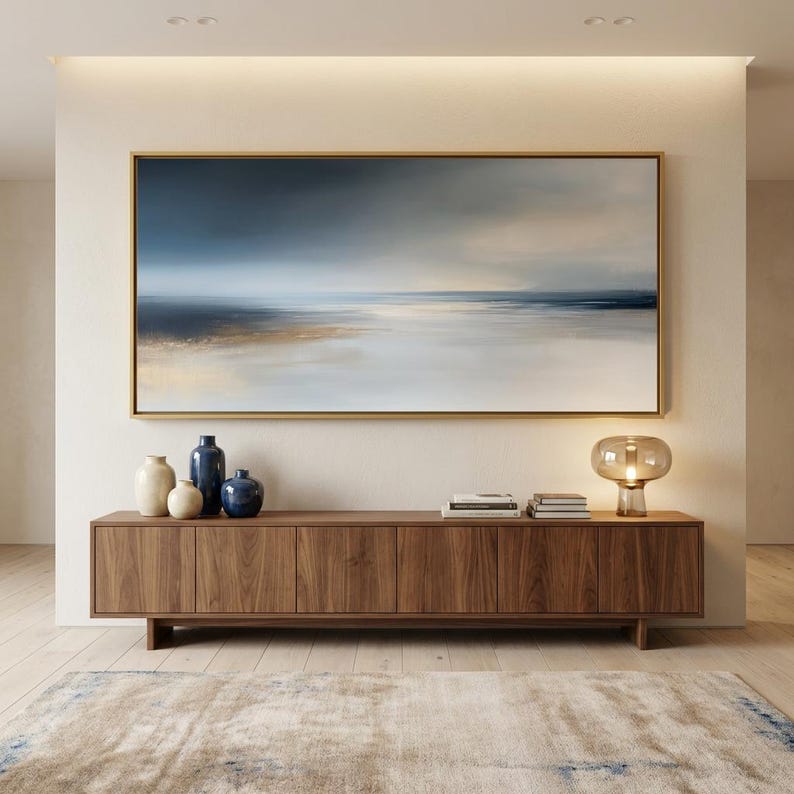 Oversized Horizontal Abstract Wall Art Canvas Navy Blue Grey Landscape ...