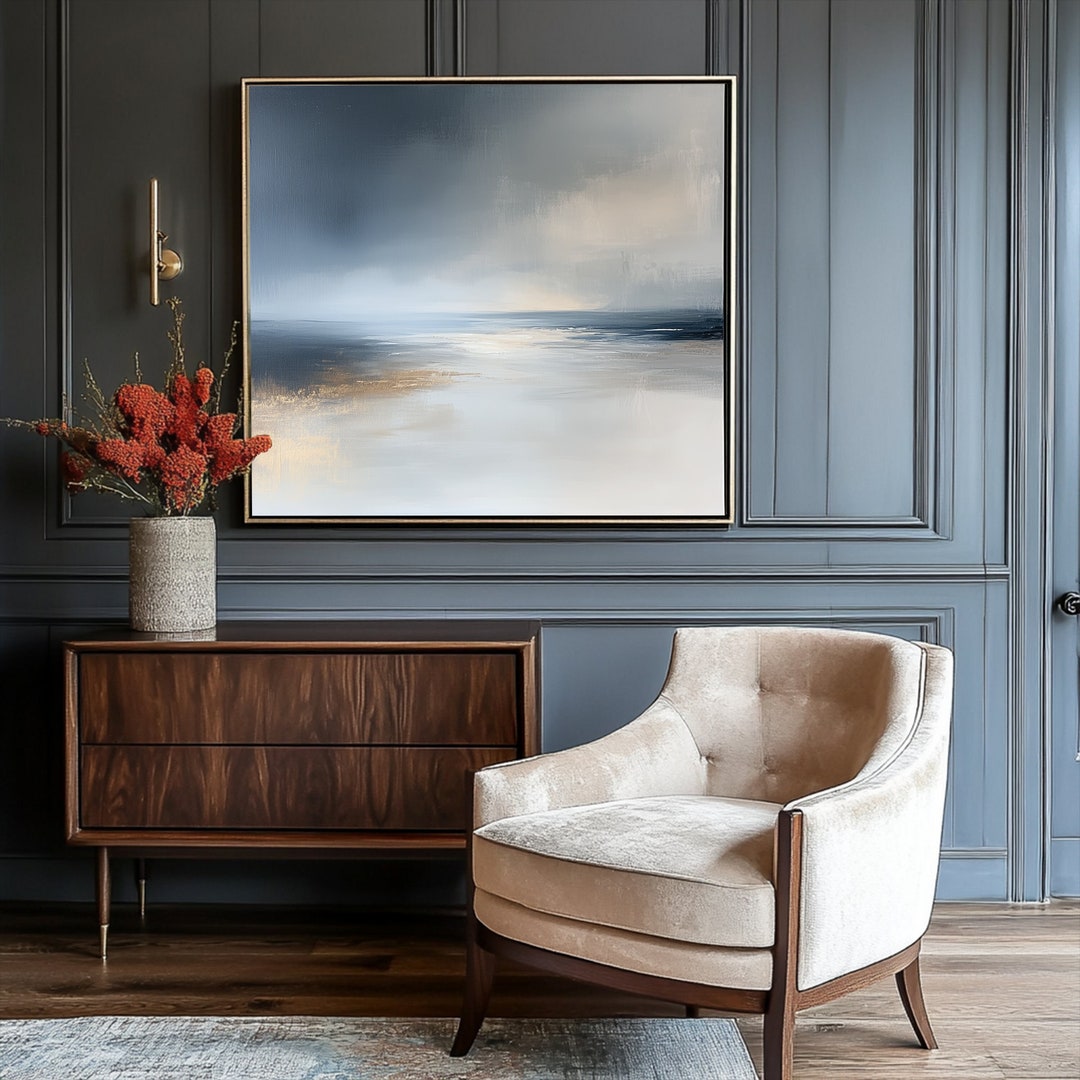 Nature Skyline Wall Art, Abstract Blue Gray Decor Canvas Print, Square ...