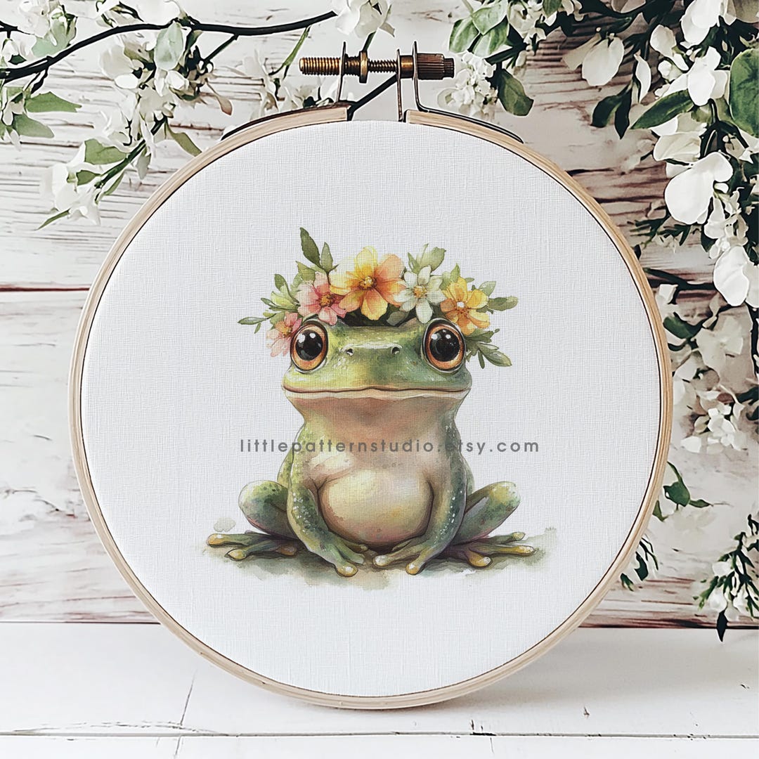 Cute Frog Cross Stitch Pattern, Floral Frog Embroidery, PDF Digital ...