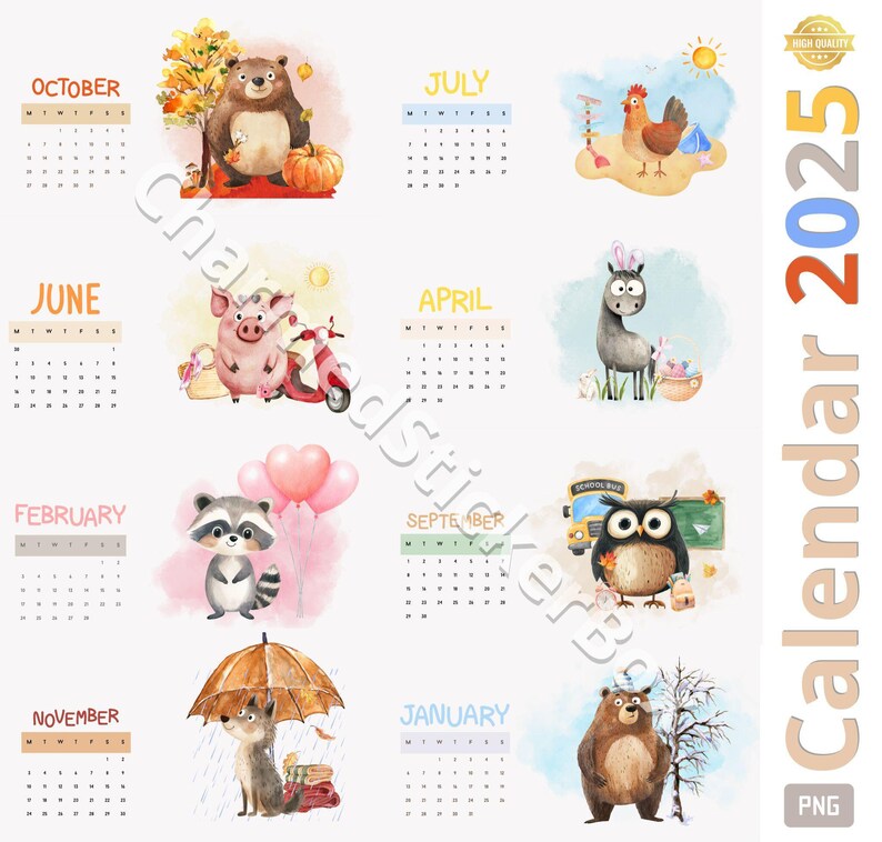 Adorable 2025 Animal Calendar PNG Cute Animal Monthly Calendar 12 ...
