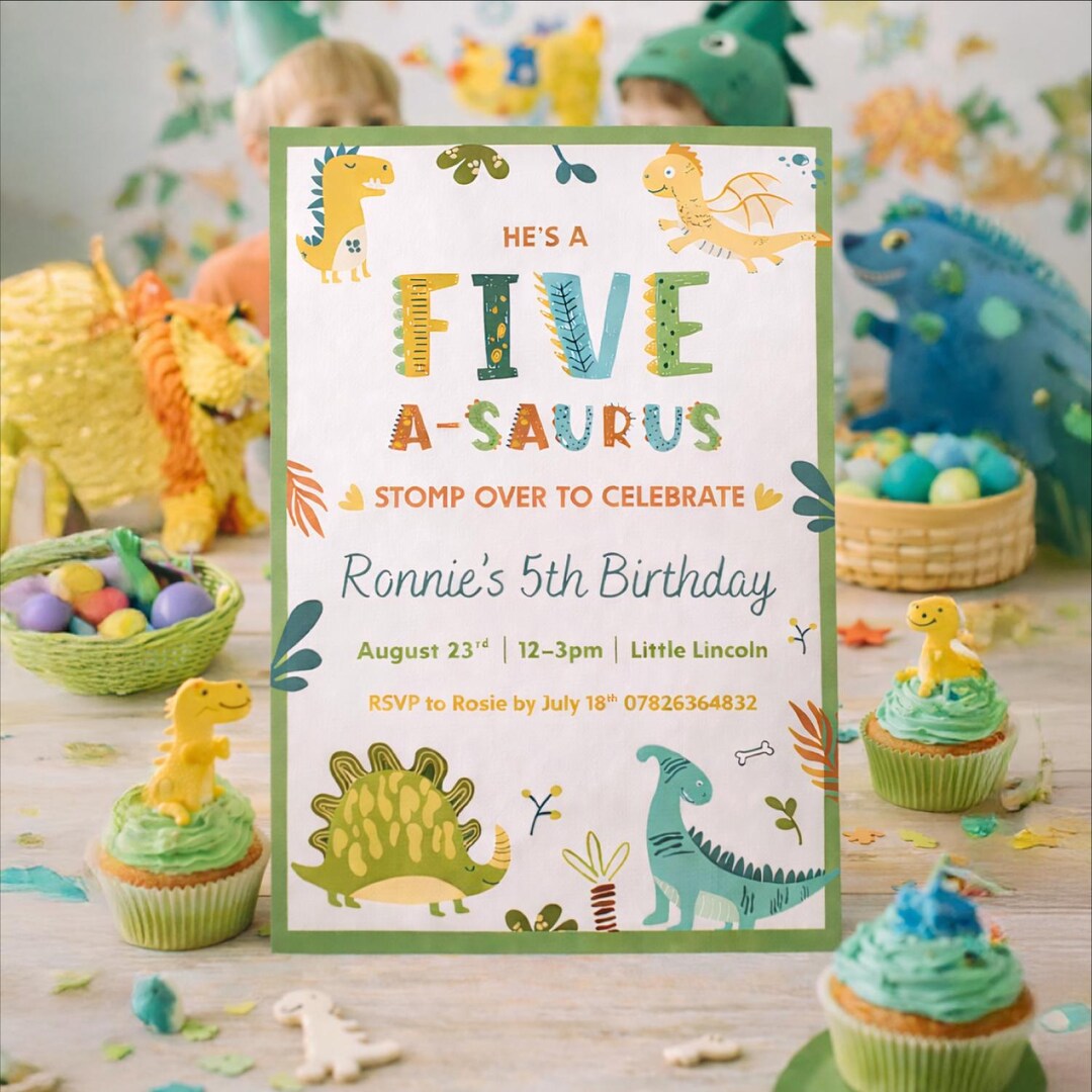 Five-a-saurus 5th Birthday Invitation | Dinosaur Party, Editable Canva ...