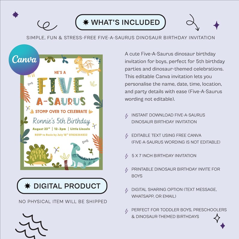Five-a-saurus 5th Birthday Invitation | Dinosaur Party, Editable Canva ...