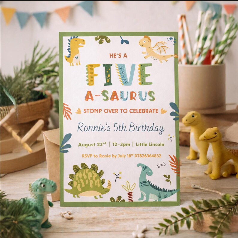 Five-a-saurus 5th Birthday Invitation | Dinosaur Party, Editable Canva ...