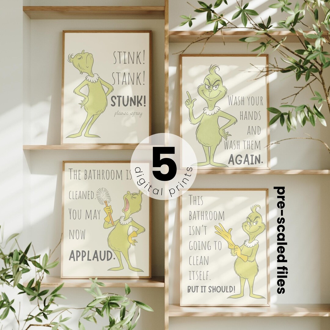 Funny Grinch Bathroom Wall Art Set | Christmas Bathroom Decor | Holiday ...