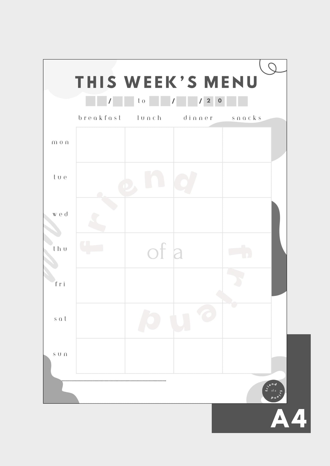 Printable Meal Planner - Black & White | Weekly Meal Plan, Food Tracker ...