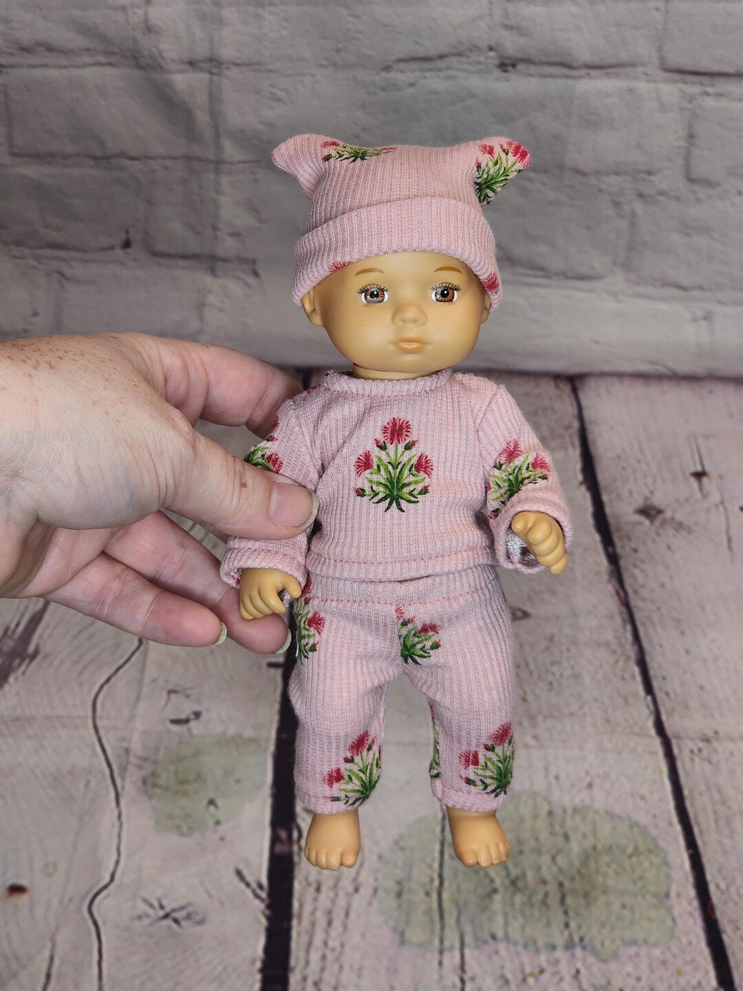 8 Inch Baby Doll Clothes Pink Thistle Ribbed Knit Top, Pants and Hat 3 ...