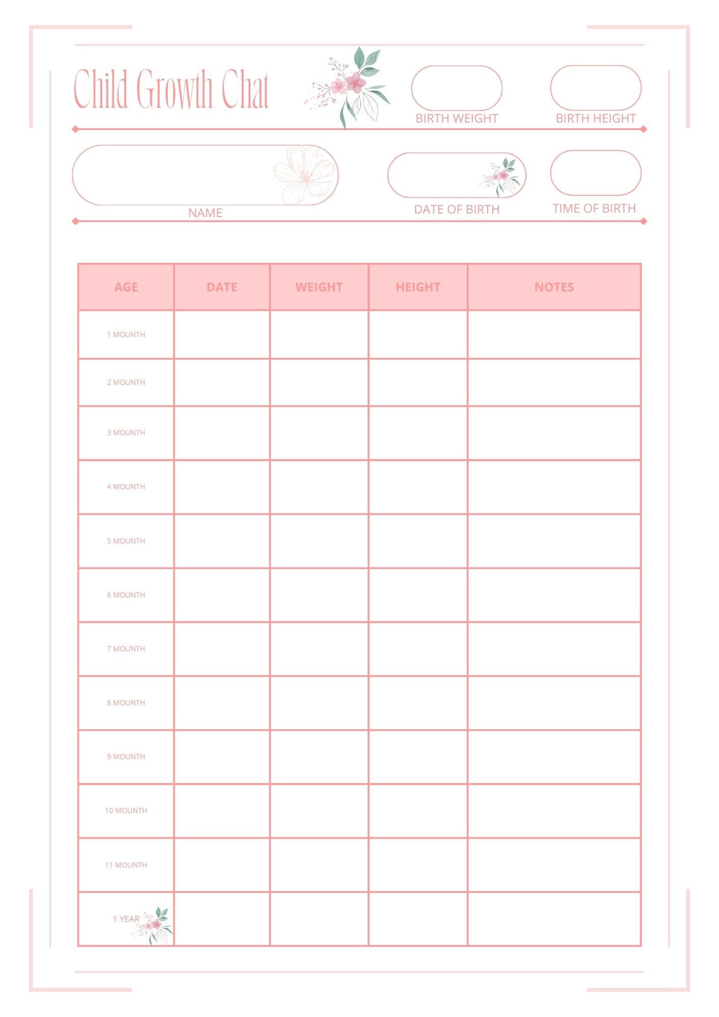 Printable Child Growth Chart Record: Track Your Baby's Height & Weight ...