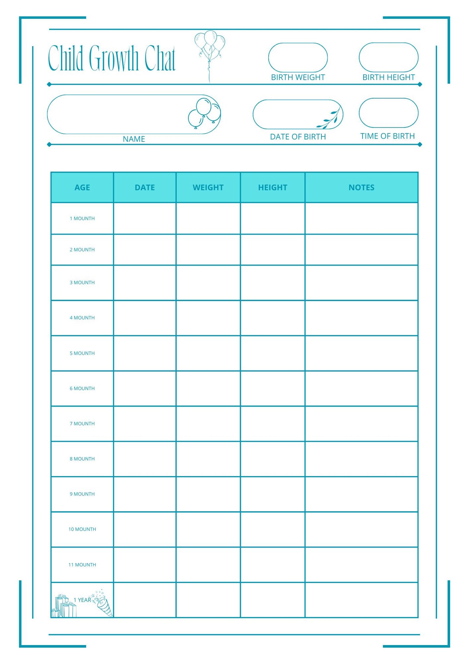 Printable Child Growth Chart Record: Track Your Baby's Height & Weight ...