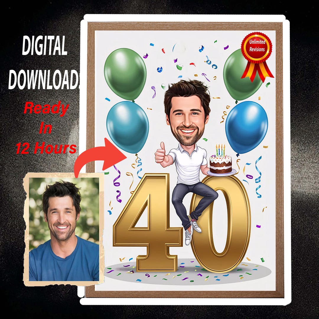 Customized 40th Birthday Caricature From Photos, Happy Birthday Cartoon ...