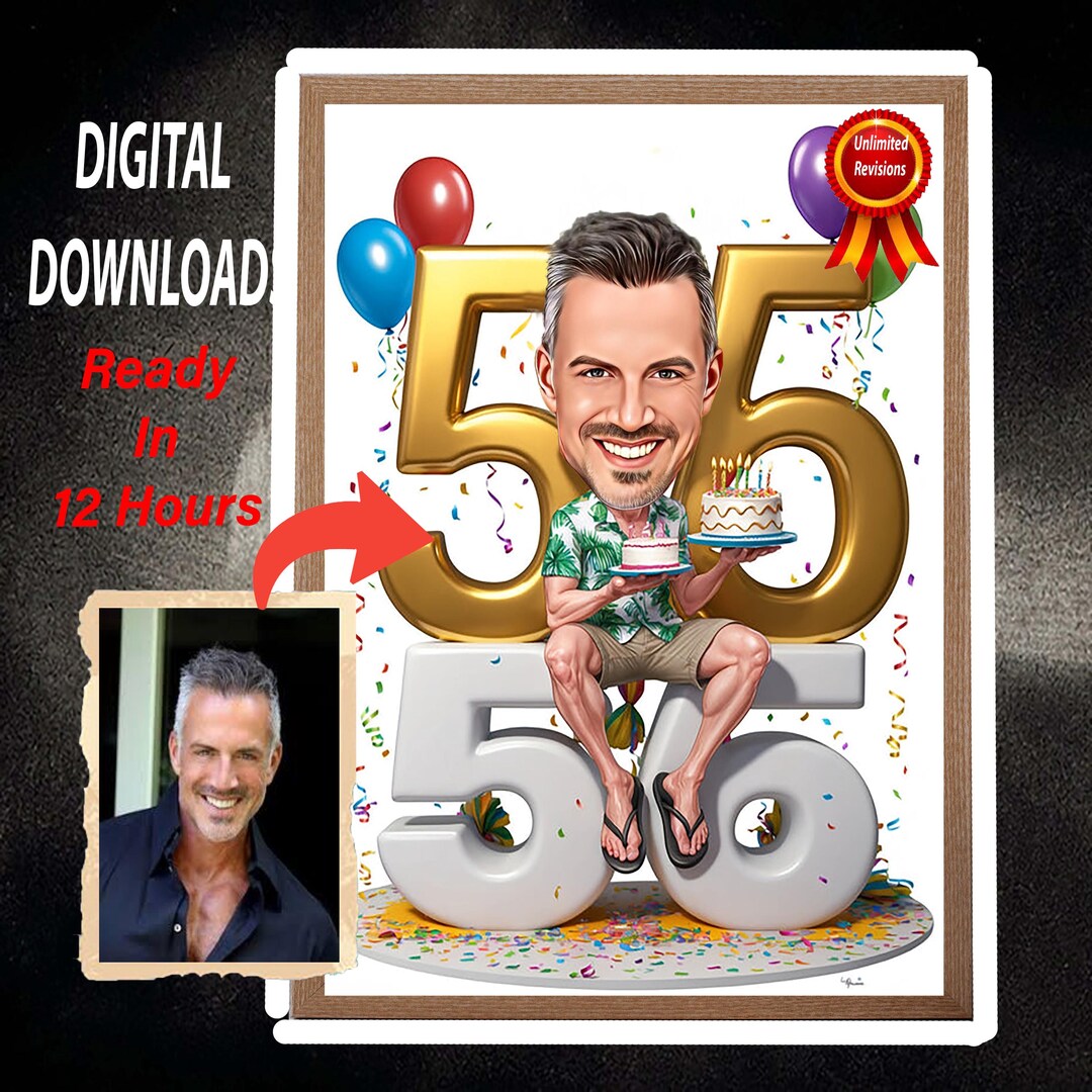 55th Birthday Caricature From Photo, Birthday Gift Idea, 55th Birthday ...