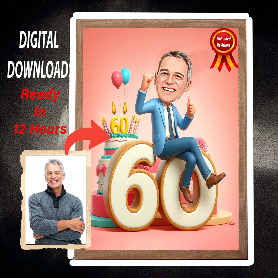 Customized 60th Birthday Caricature From Photos, Happy Birthday Cartoon ...