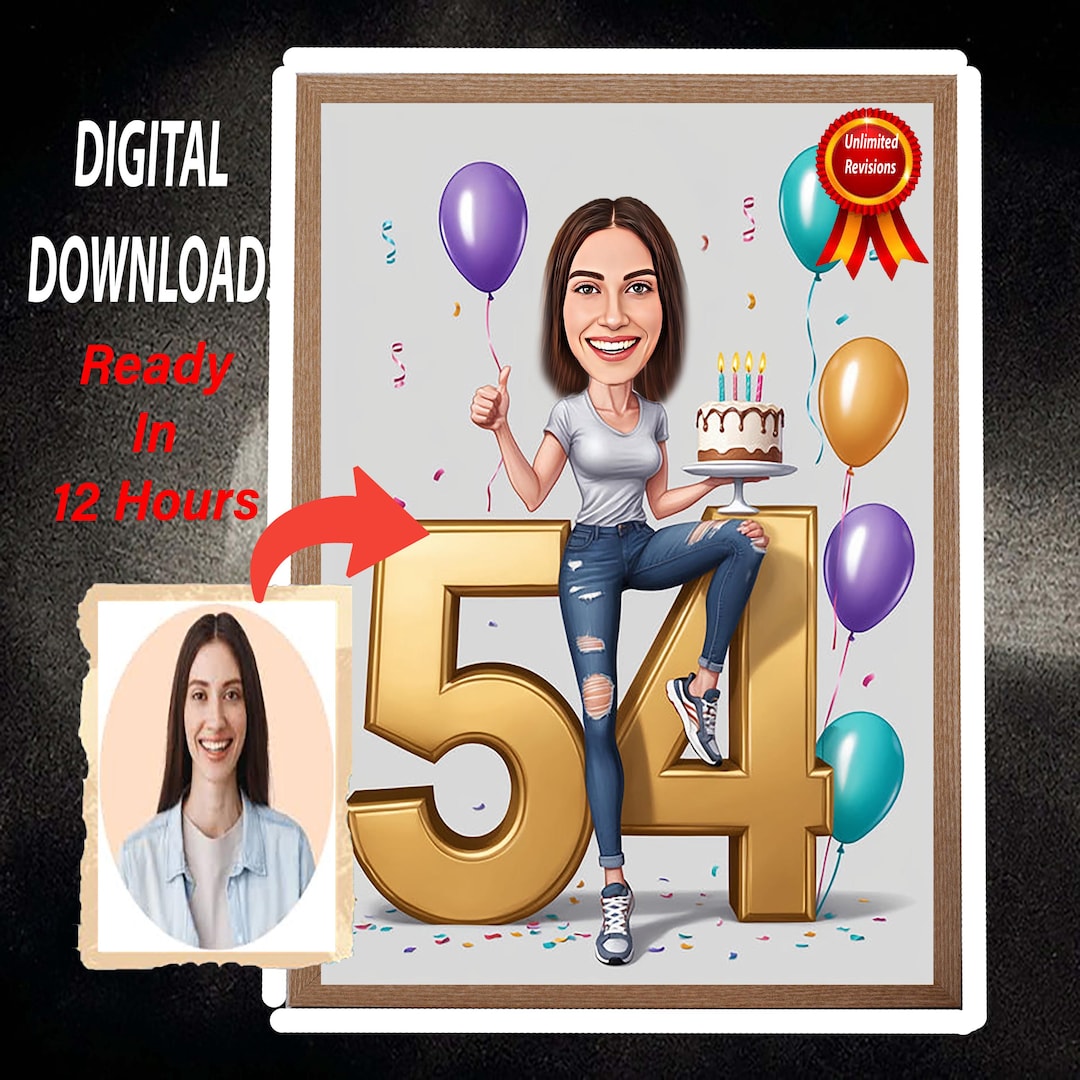 54th Birthday Cartoon Portrait | 54th Birthday Gift | Invitation 54th ...