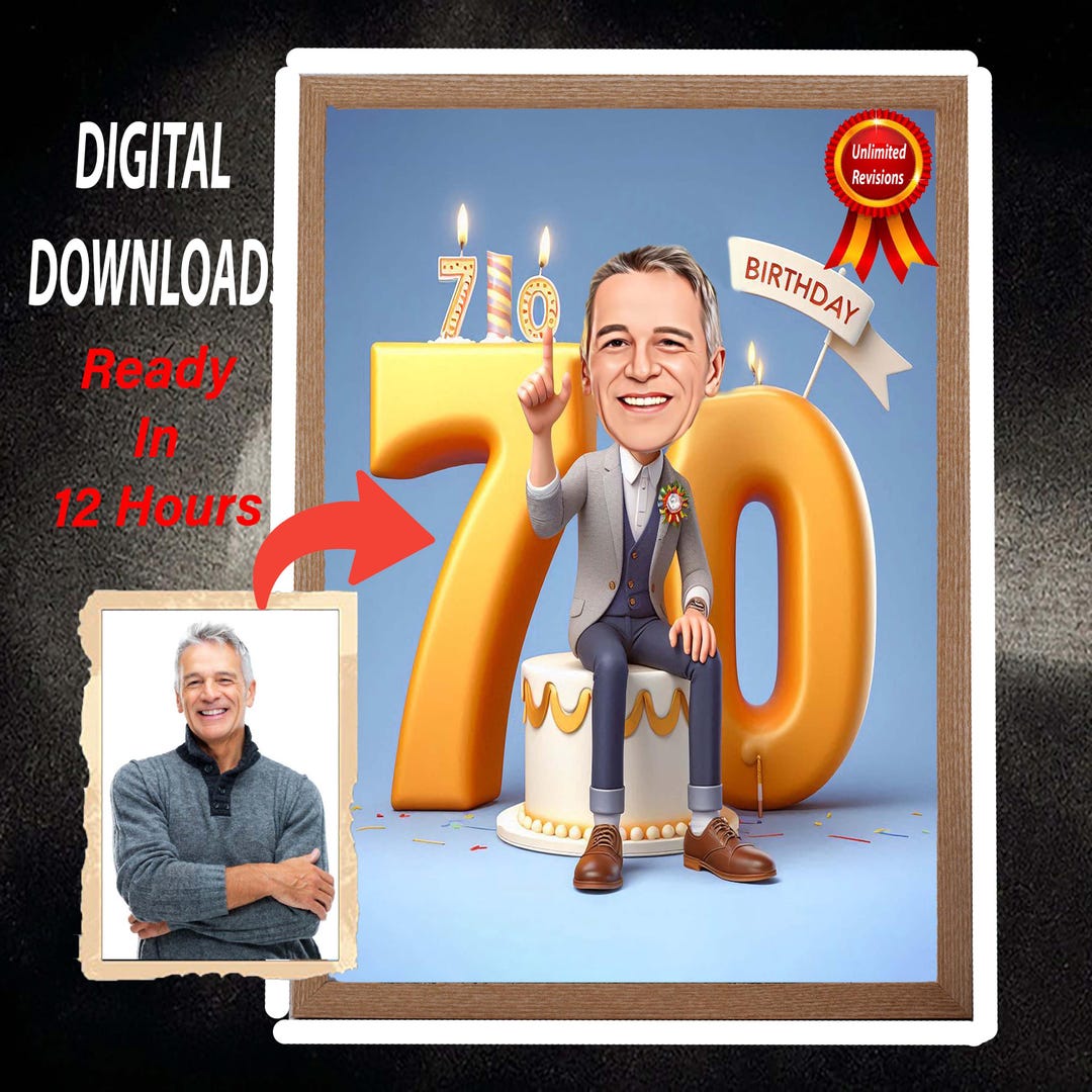 Customized 70th Birthday Caricature From Photos, Happy Birthday Cartoon ...