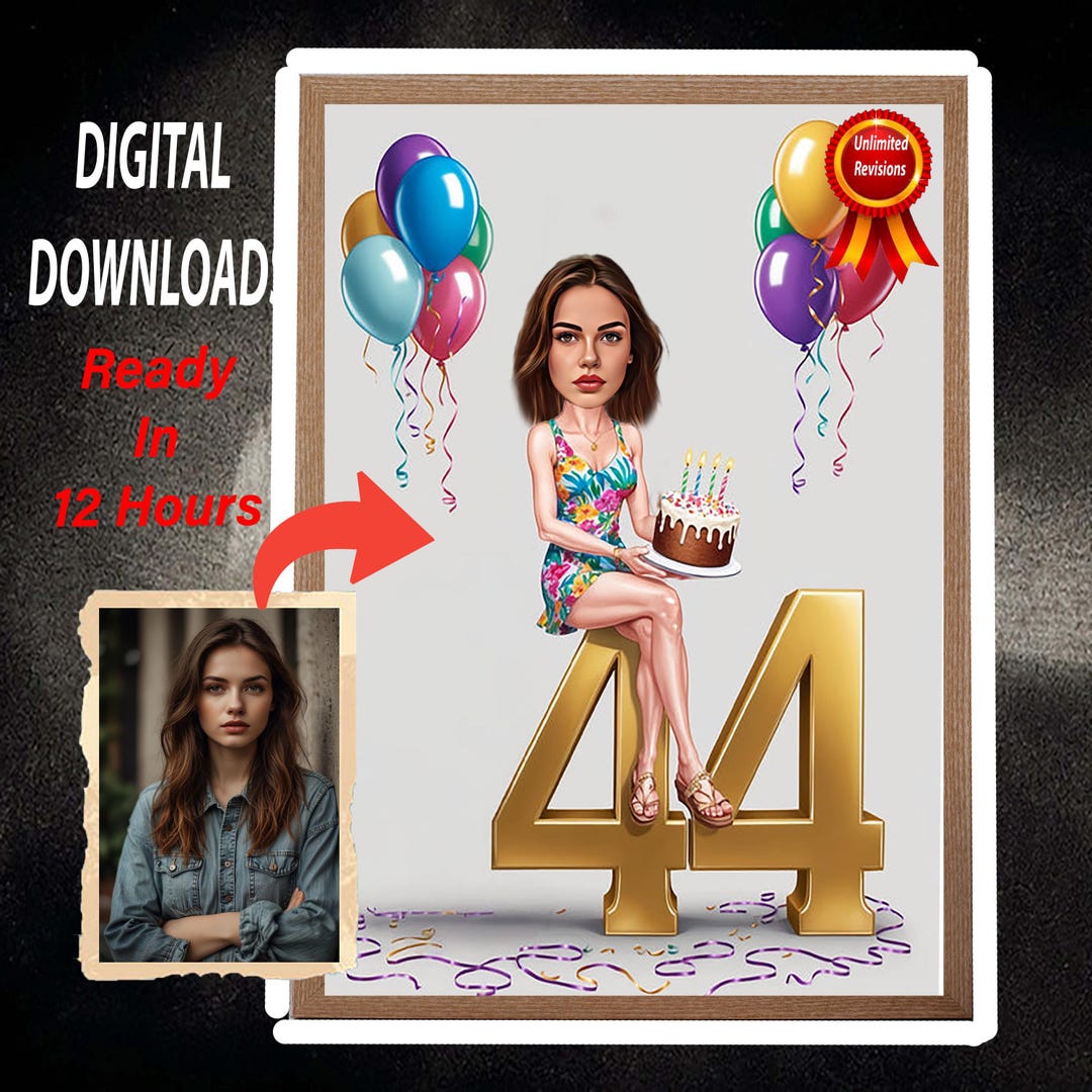 44th Birthday Cartoon Portrait 44th Birthday Gift Invitation 44th ...