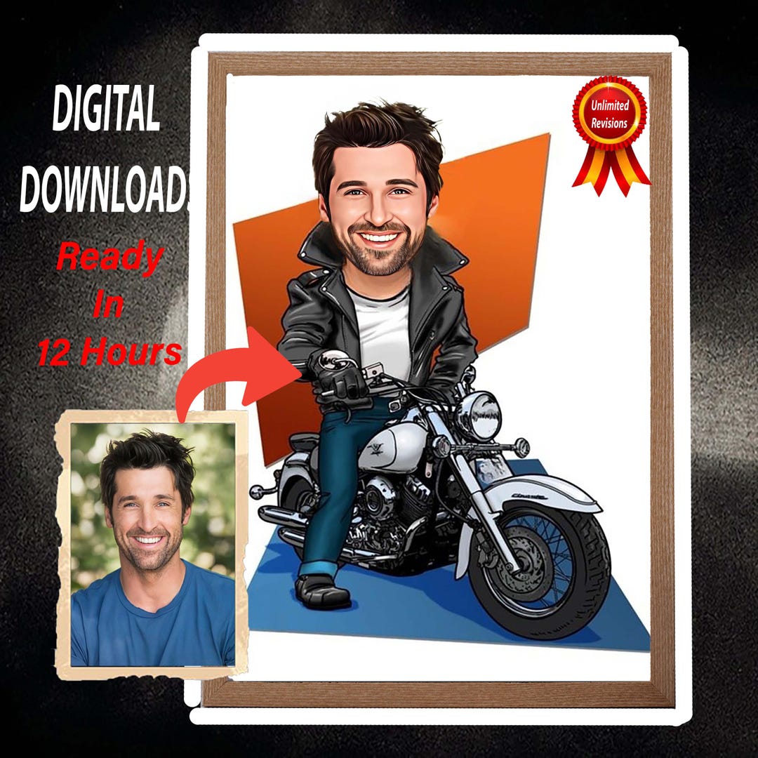 CUSTOM BIKER CARICATURE Harley Cartoon Portrait Custom Biker Gift Biker ...