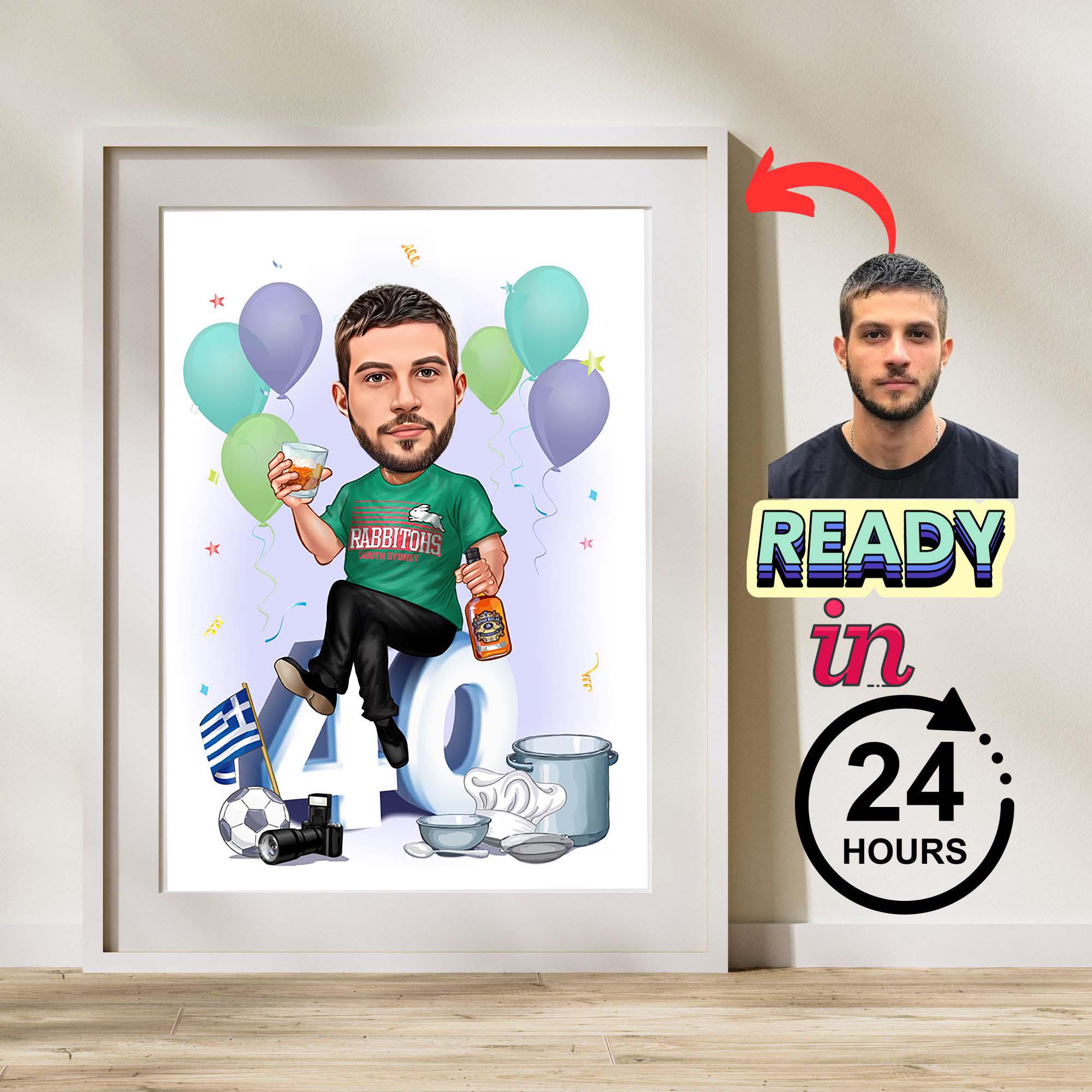 40th Birthday Caricature for Man, Personalized Birthday Gift for Him ...