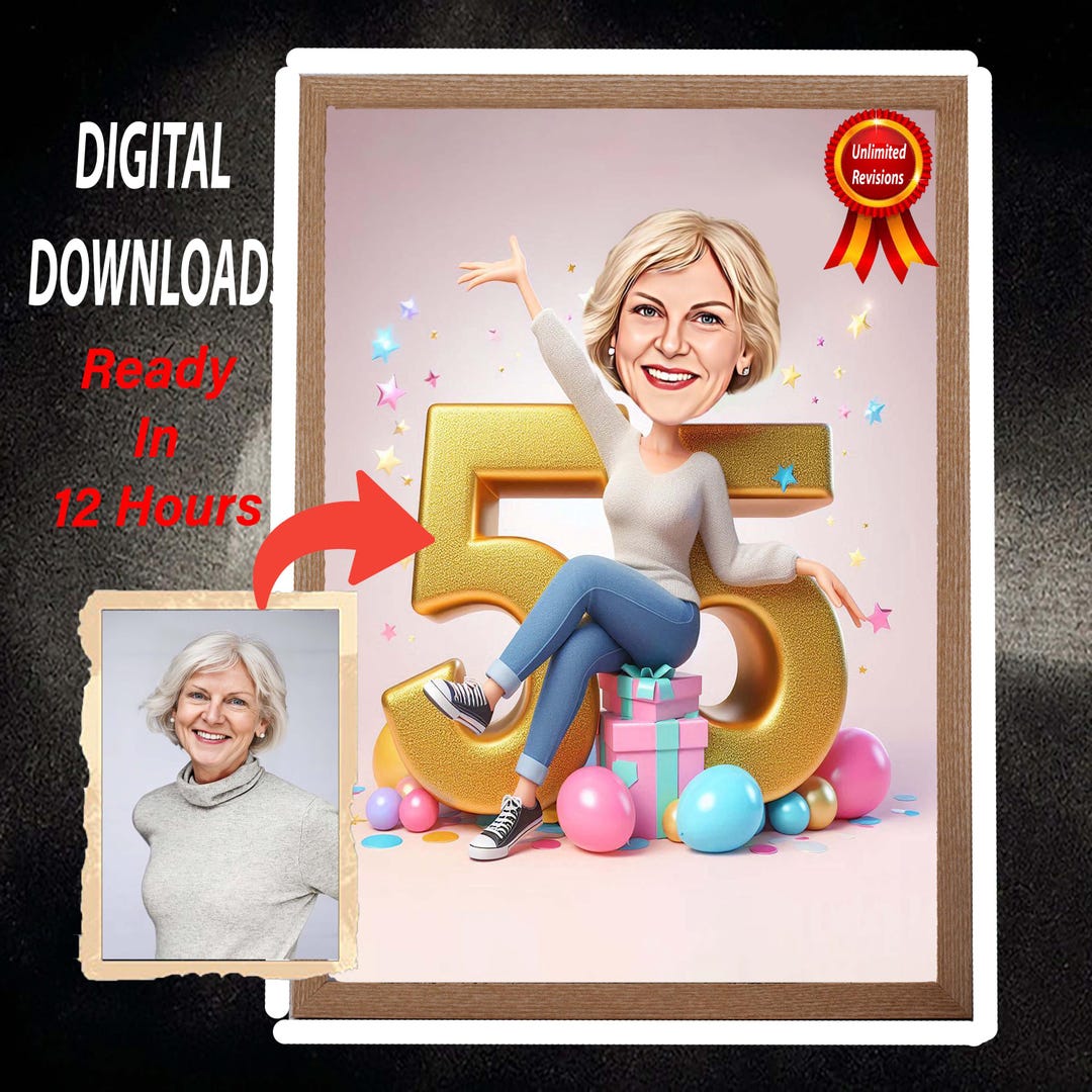55th Birthday Caricature Gift: Personalized Photo to Cartoon (digital ...