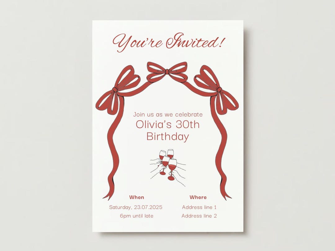OLIVIA Red Bow Birthday Party Invitation Template - Etsy
