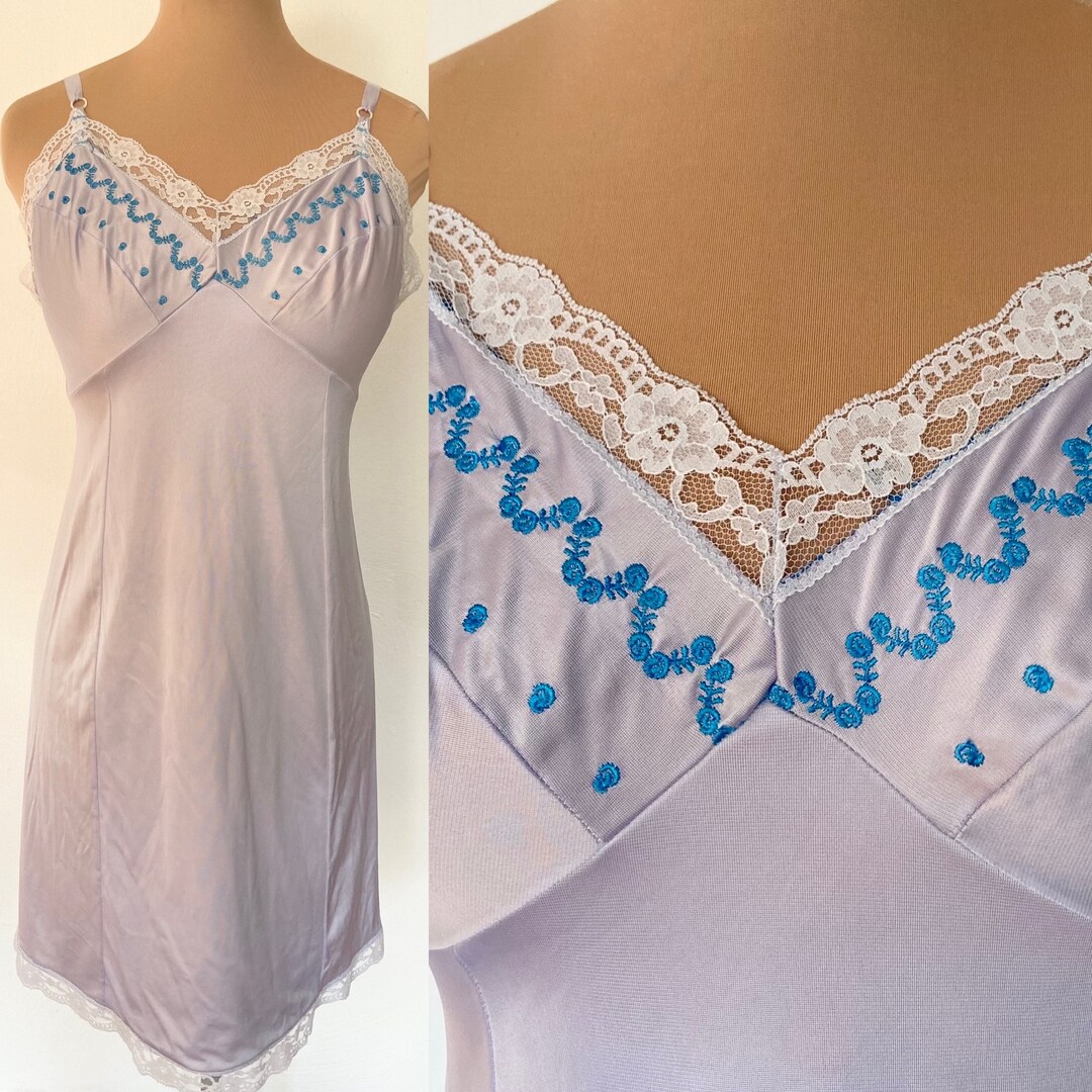 Vintage Blue Nylon Slip size 38 Embroidered Lace 60s Dress - Etsy