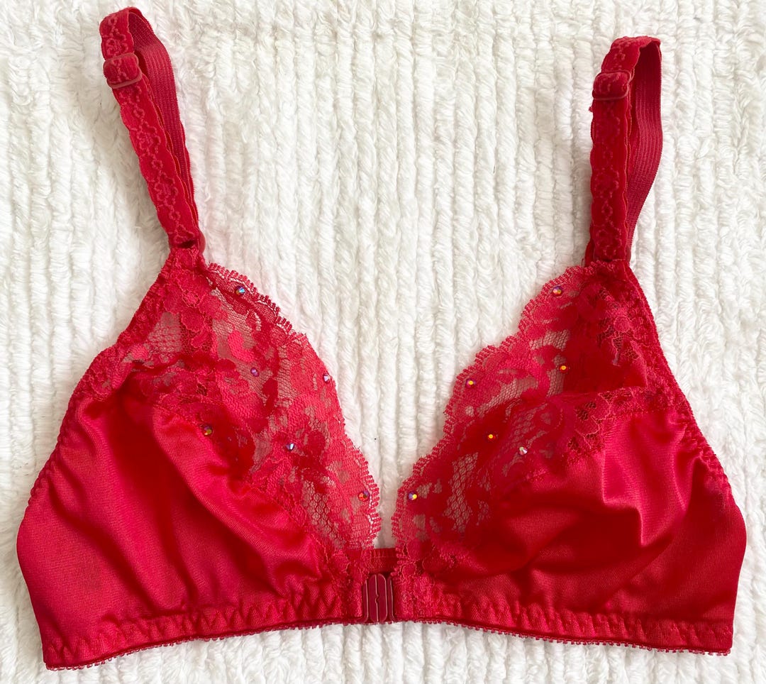 Vintage 80s Red Nylon Bra *32B* NICE N SPICY Sheer Lace Wireless ...
