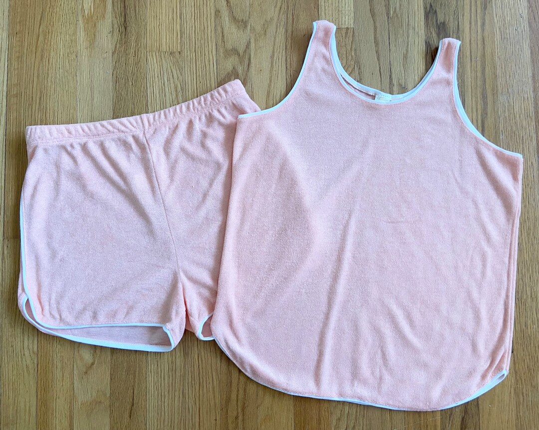 SALE Vintage 80s Terry Shorts Set large Peach Tank Top and Gym Shorts ...