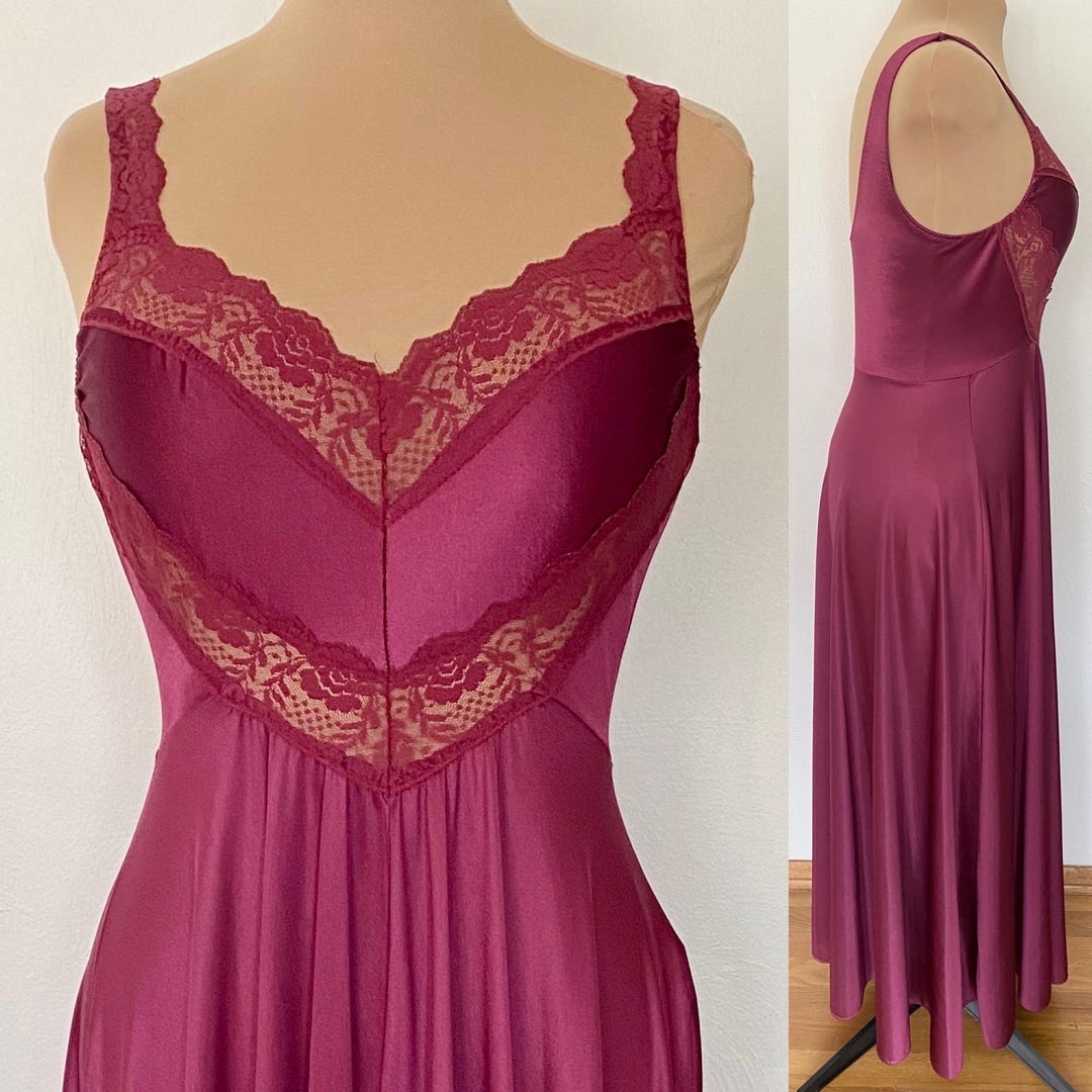 Vintage 80s UNDERCOVER WEAR Maxi Nightgown *1X* Sweeping Hem Burgundy ...
