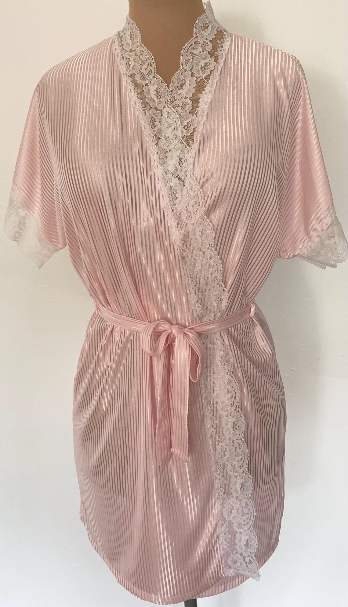 SALE Vintage 80s Satin Striped Bathrobe large JASMINE Pink Short Sheer ...