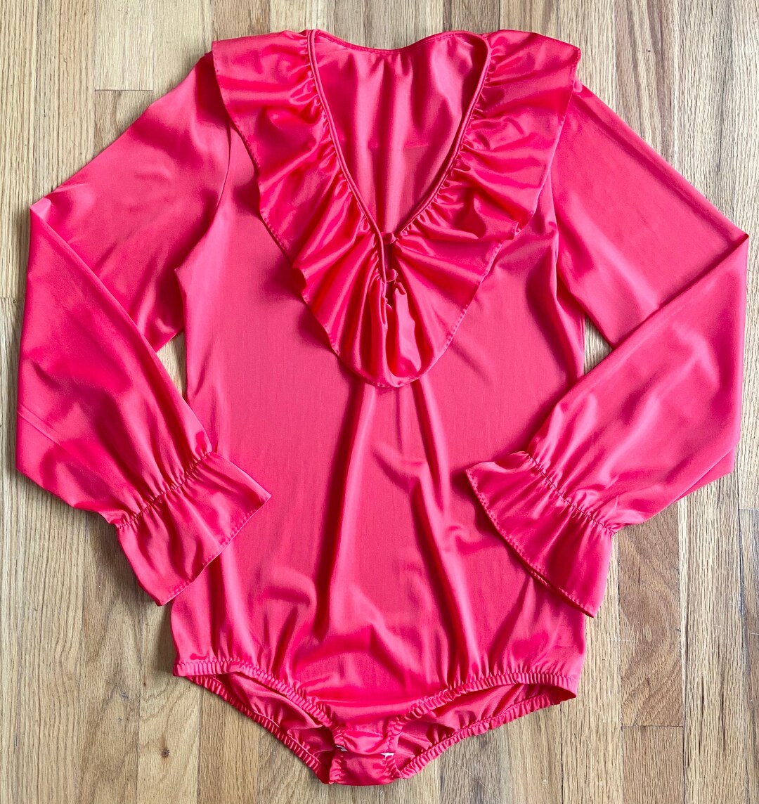 Vintage 70s Ruffled Bodysuit medium RED Keyhole V Neck Long Sleeve Poet ...