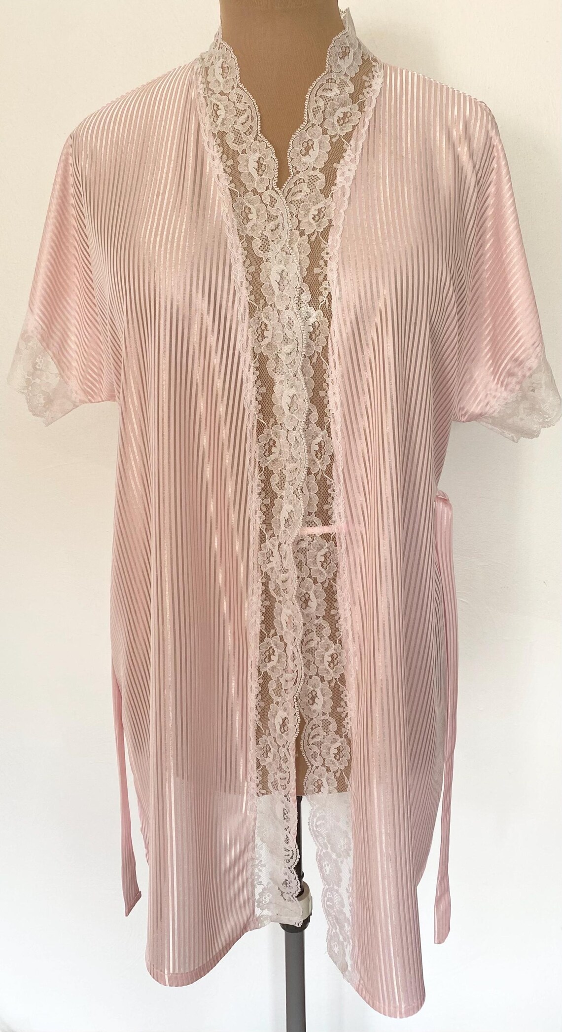 SALE Vintage 80s Satin Striped Bathrobe large JASMINE Pink Short Sheer ...