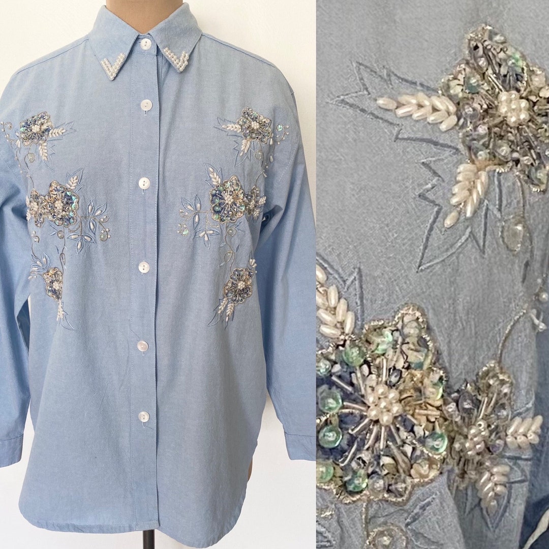 Vintage 80s Embellished Denim Shirt *large* JA STUDIO Blue Cotton Pearl ...