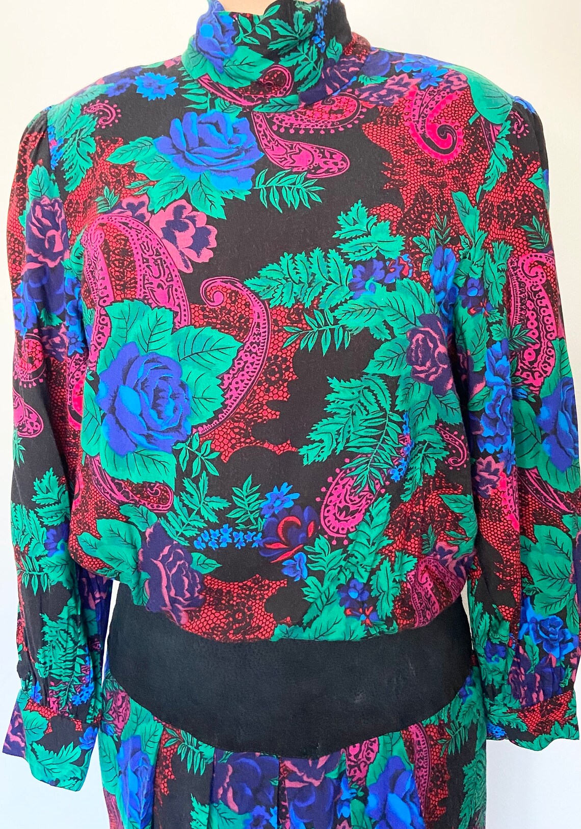 Vintage 80s High Collar Pleated Dress *size 14* PLAZA SOUTH Floral ...