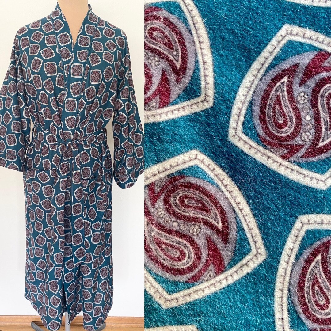 Vintage 80s Men's Flannel Robe *one Size* TOWNCRAFT Green Paisley ...