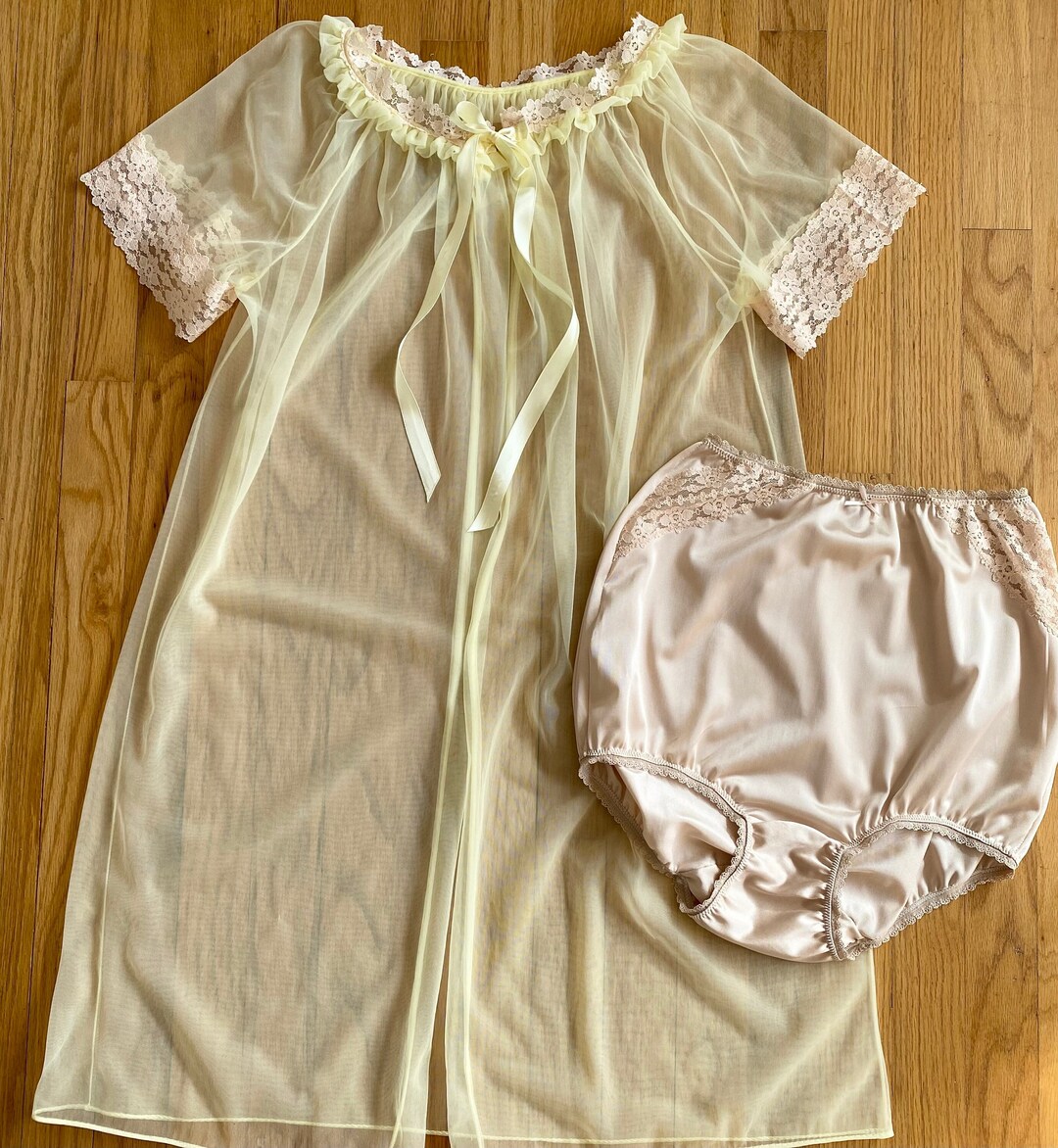 Vintage 60s Sheer Peignoir Set medium YELLOW Nylon Robe and High Waist ...