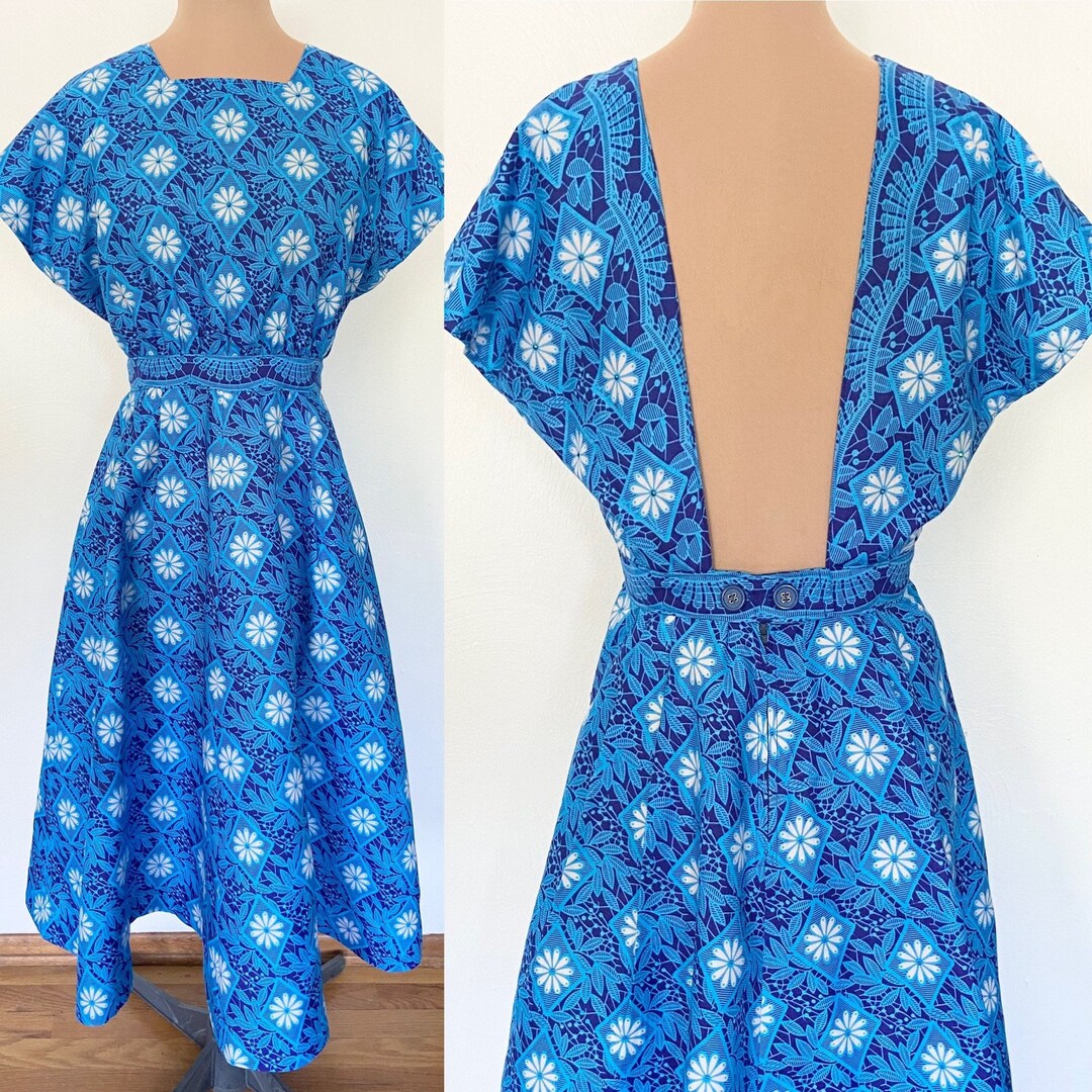 Vintage 50s-inspired Backless Sundress *large* BLUE Embellished Cotton ...