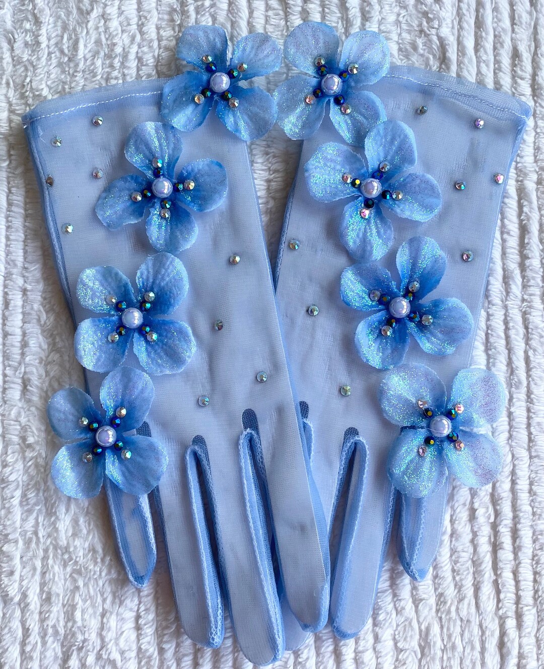 NEW Vintage-inspired Sheer Wrist Gloves BLUE Floral Embellished Wedding ...