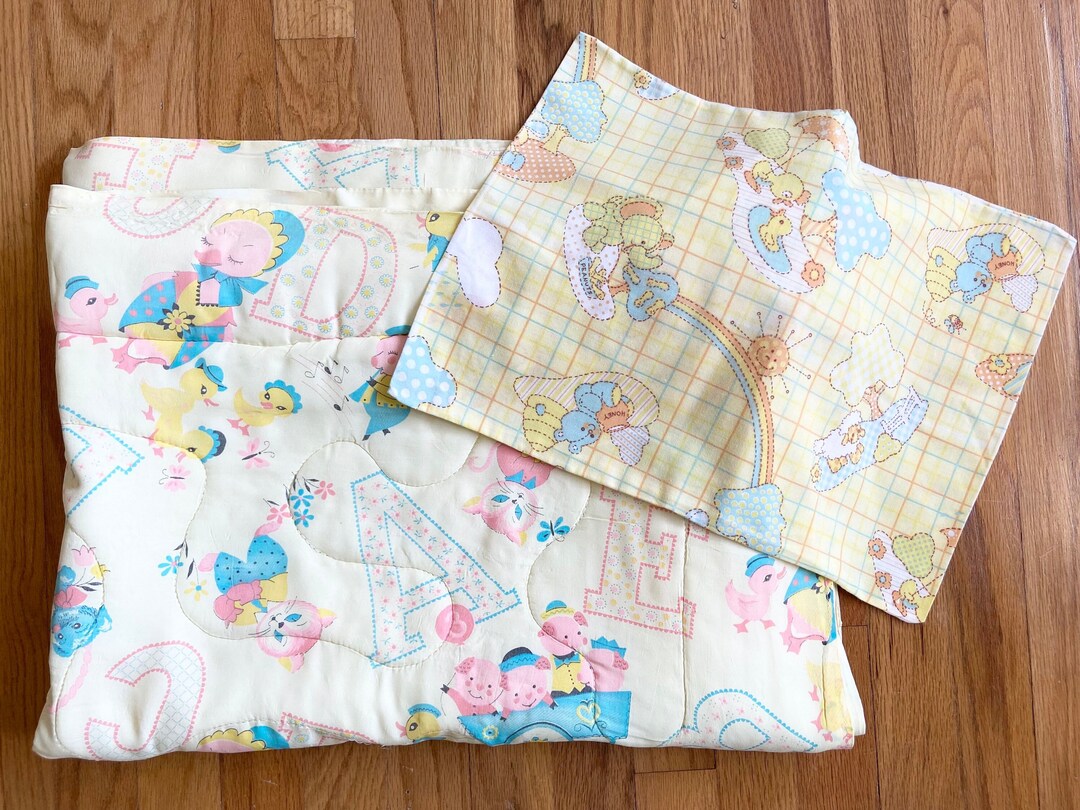 SALE! Vintage 80s Baby Crib Quilt and Pillowcase Yellow Pink Blue ...