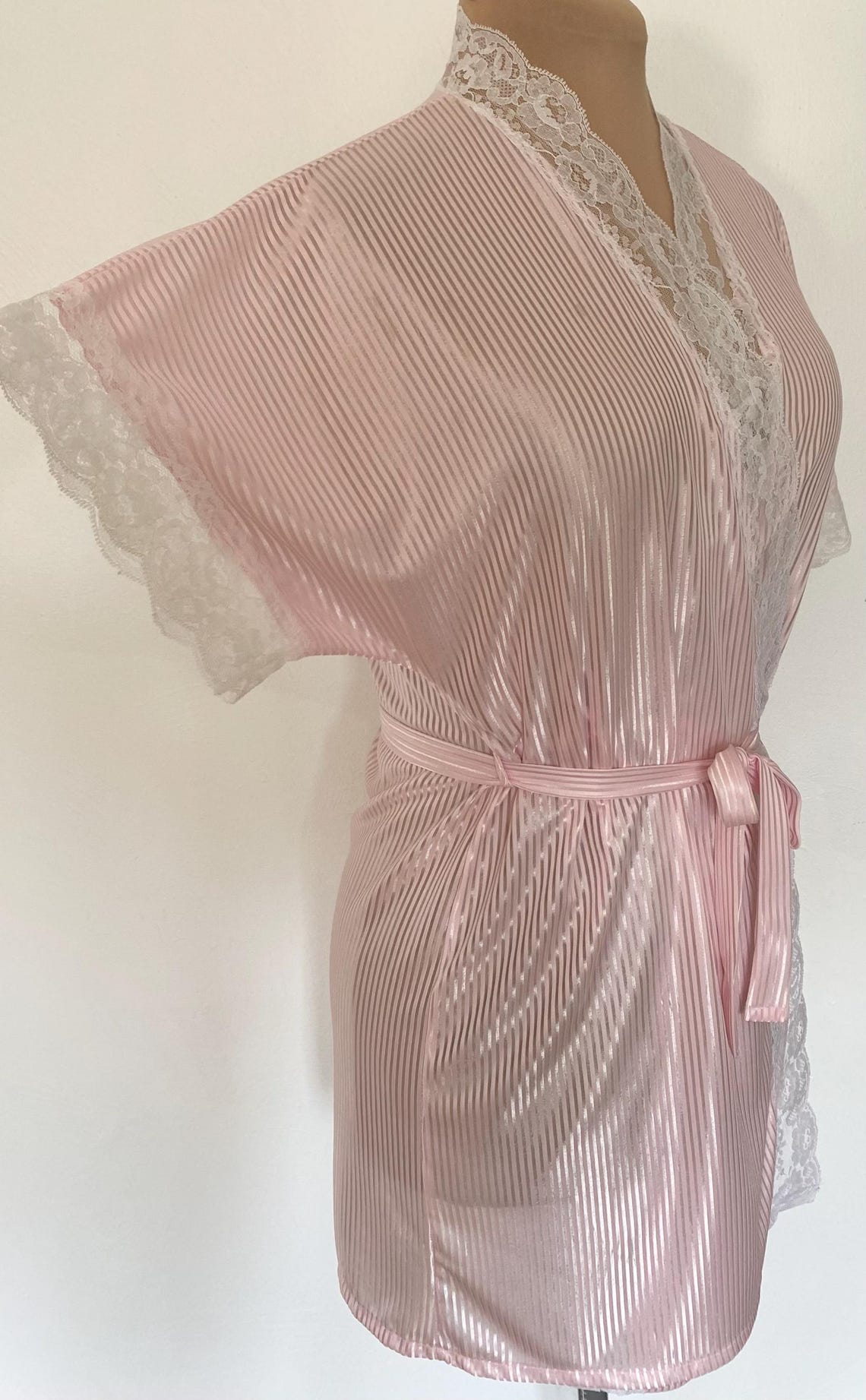 SALE Vintage 80s Satin Striped Bathrobe large JASMINE Pink Short Sheer ...