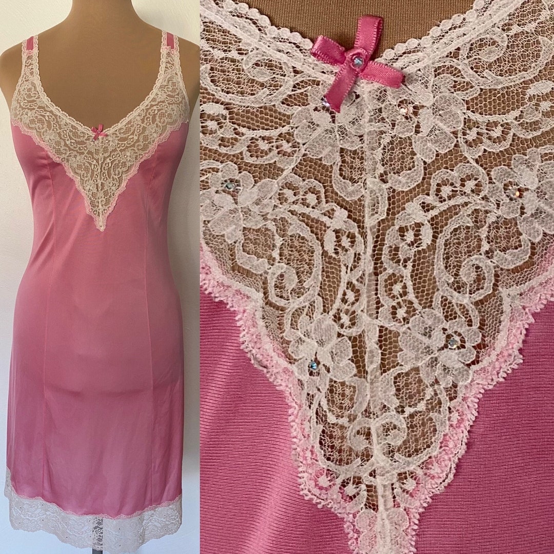 Vintage 60s SEARS Nylon Dress Slip *size 34* Pink Sheer Embellished ...