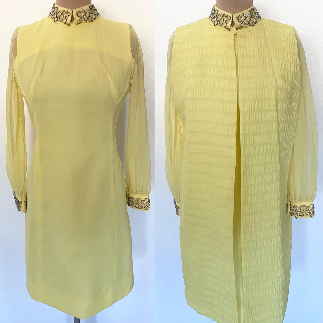 Vintage 60s Mod Evening Dress and Duster *large* YELLOW Sheer Sleeve ...