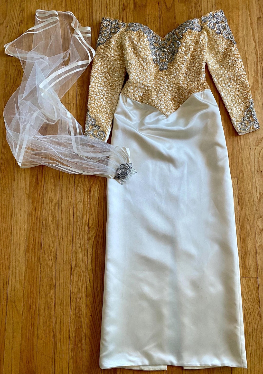 Vintage 80s Sheath Wedding Dress *size 8* MIKE BENET Gold Sequin Ivory ...